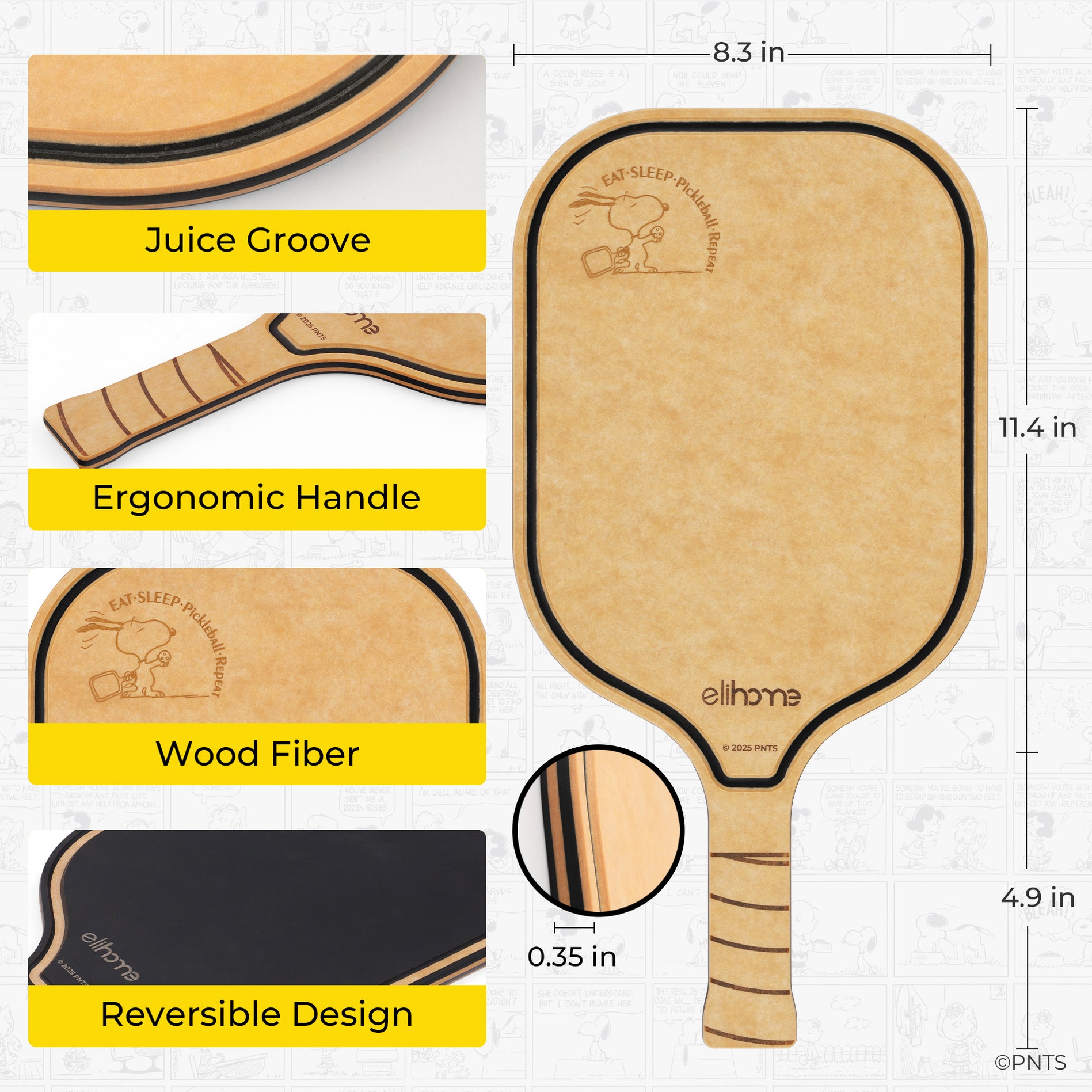 Elihome x Peanuts Pickleball Charcuterie Cutting Board -"Eat Sleep Pic